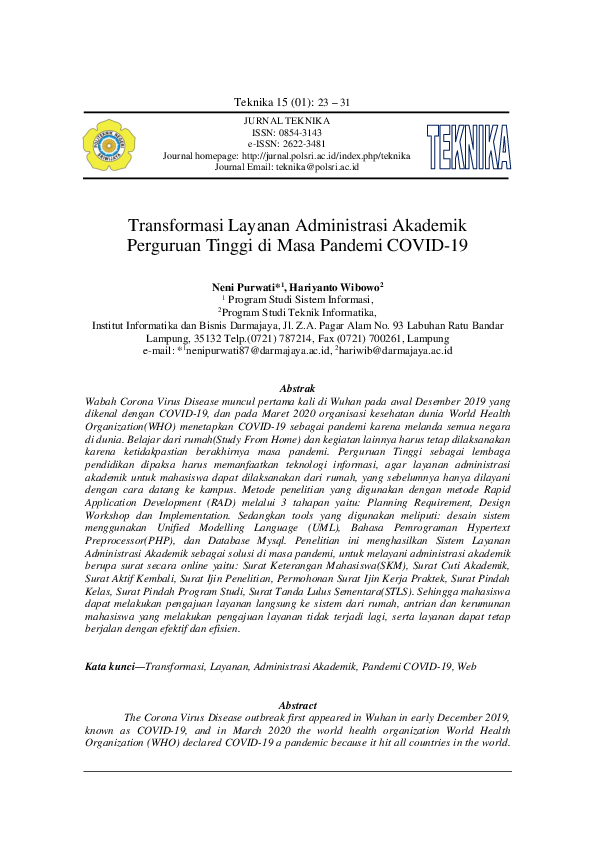 (PDF) Transformasi Layanan Administrasi Akademik Perguruan Tinggi di Masa Pandemi COVID-19