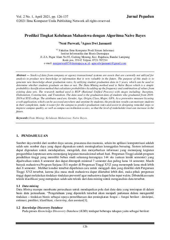 Pdf Aplikasi Data Mining Dengan Algoritma Naive Bayes Untuk