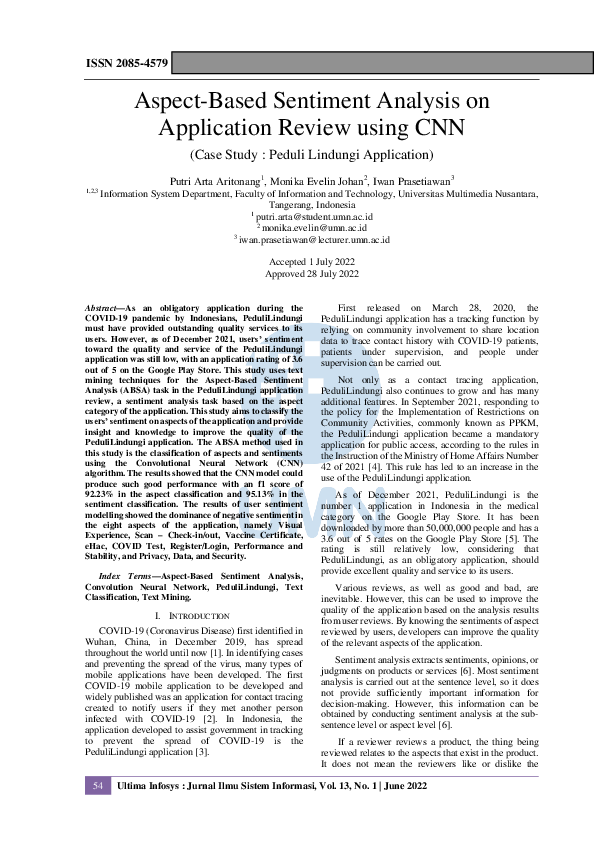 Pdf Aspect Based Sentiment Analysis On Application Review Using