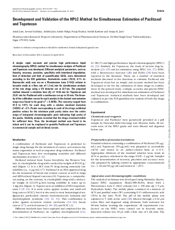 Pdf Development And Validation Of The Hplc Method For Simultaneous Estimation Of Paclitaxel