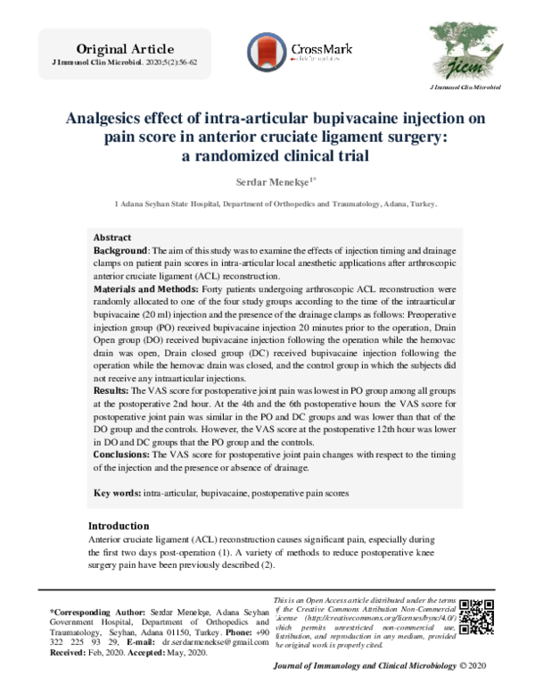 (PDF) Analgesics effect of intra-articular bupivacaine injection on ...