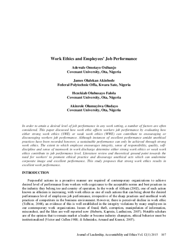(PDF) Work Ethics and Employees’ Job Performance