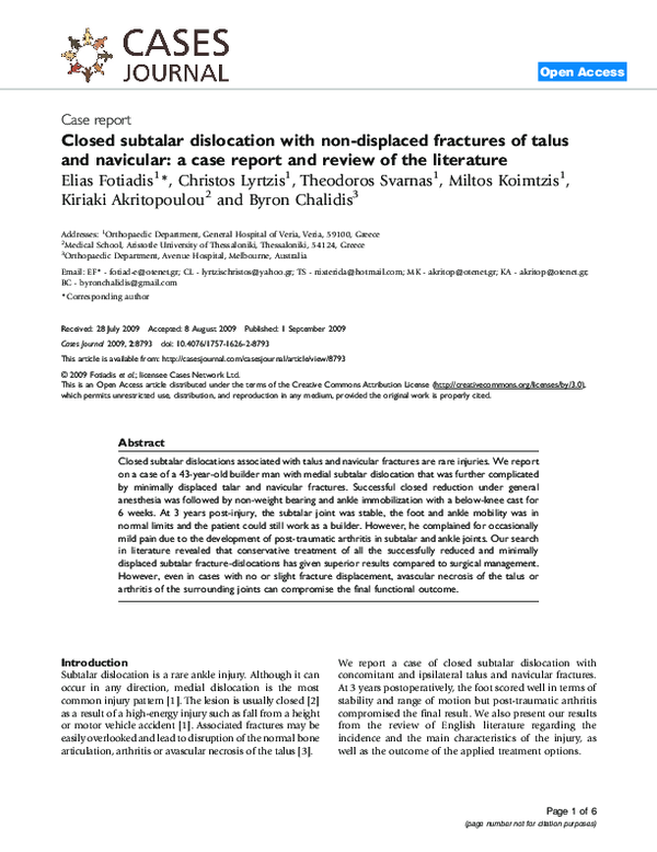 Pdf Closed Subtalar Dislocation With Non Displaced Fractures Of Talus And Navicular A Case