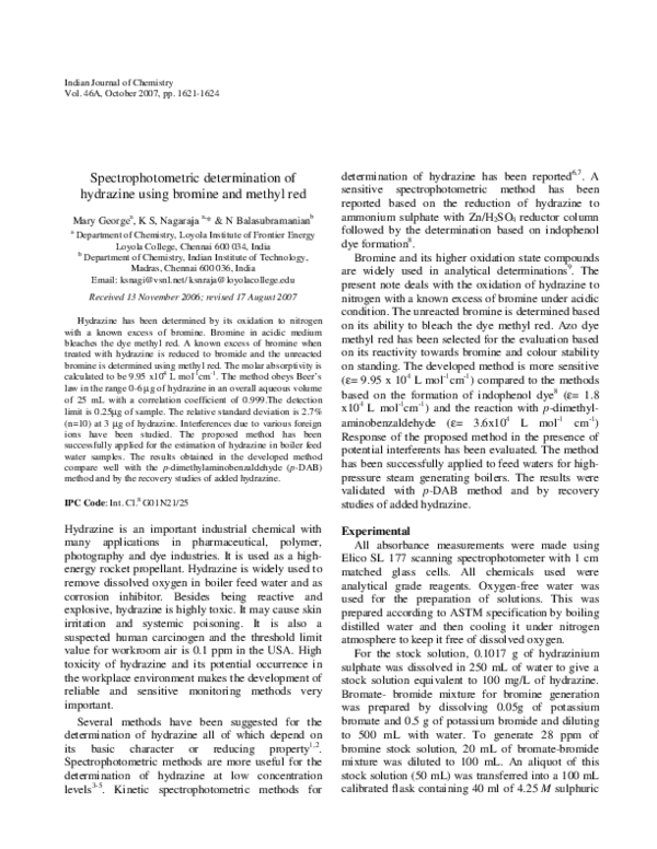 Pdf Spectrophotometric Determination Of Hydrazine