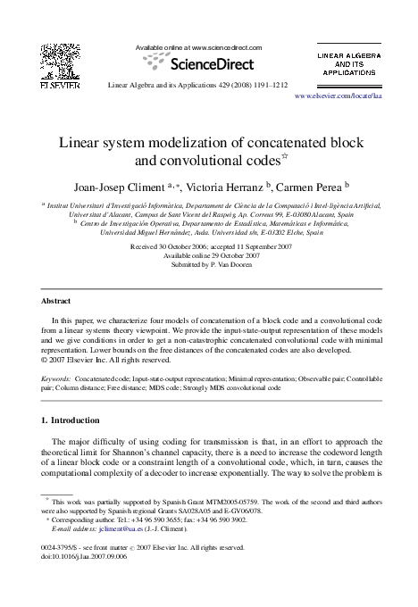 Pdf Linear System Modelization Of Concatenated Block And Convolutional Codes