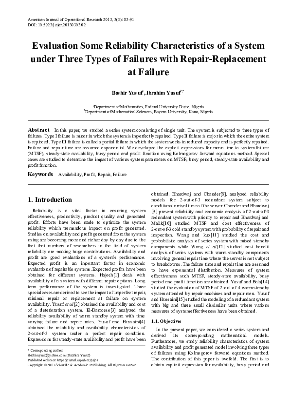 (PDF) Evaluation Some Reliability Characteristics of a System under ...
