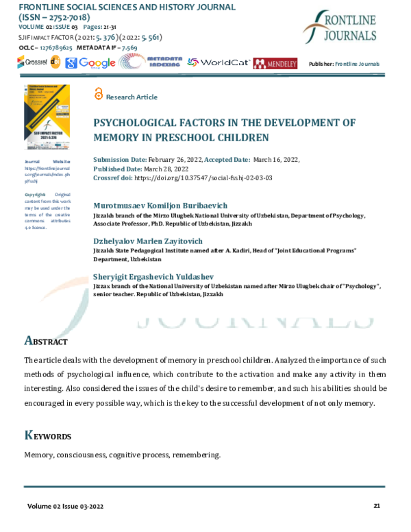 (PDF) PSYCHOLOGICAL FACTORS IN THE DEVELOPMENT OF MEMORY IN PRESCHOOL ...