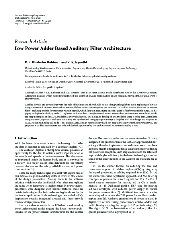 (PDF) Low Power Adder Based Auditory Filter Architecture | vs jayanthi ...