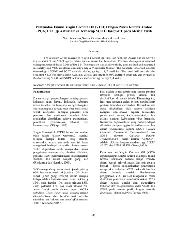 (PDF) Pembuatan Emulsi Virgin Coconut Oil (VCO) Dengan Pulvis Gummi Arabici (PGA) Dan Uji ...