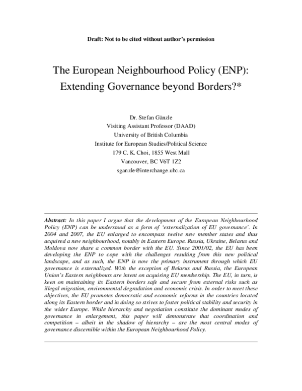 (PDF) The European Neighbourhood Policy (ENP): Extending Governance beyond Borders?