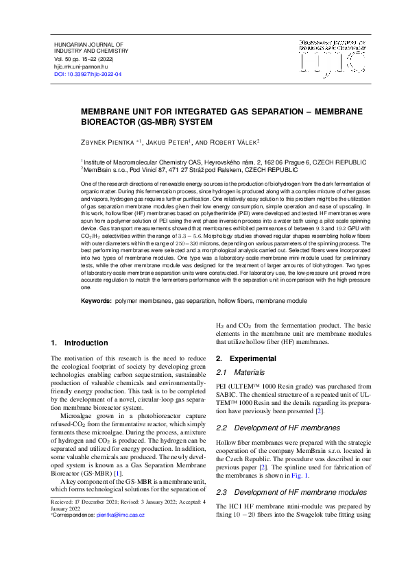 (PDF) Membrane Unit for Integrated Gas Separation – Membrane Bioreactor ...