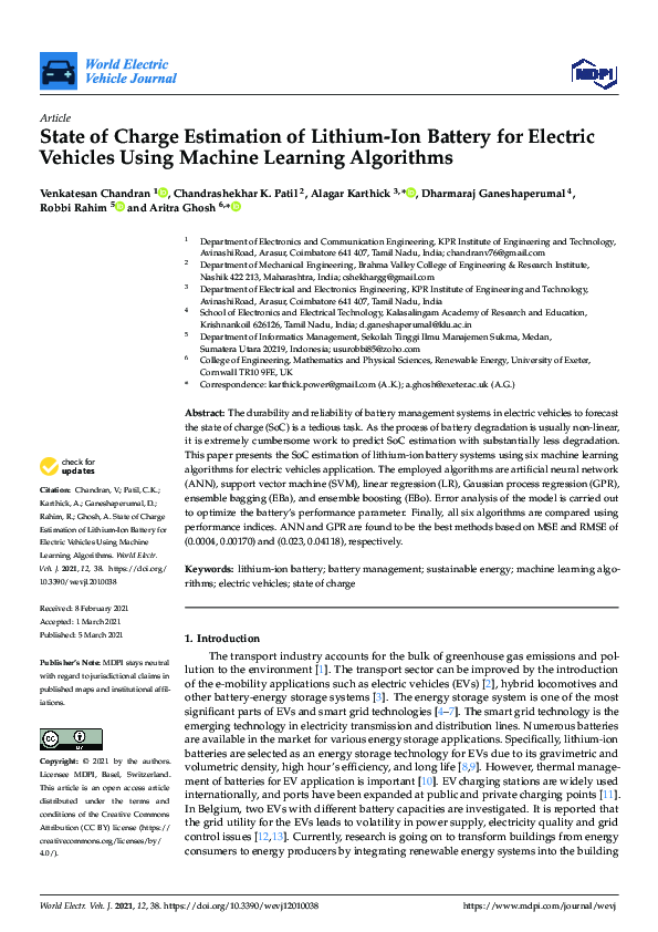 Pdf State Of Charge Estimation Of Lithium Ion Battery For Electric Vehicles Using Machine