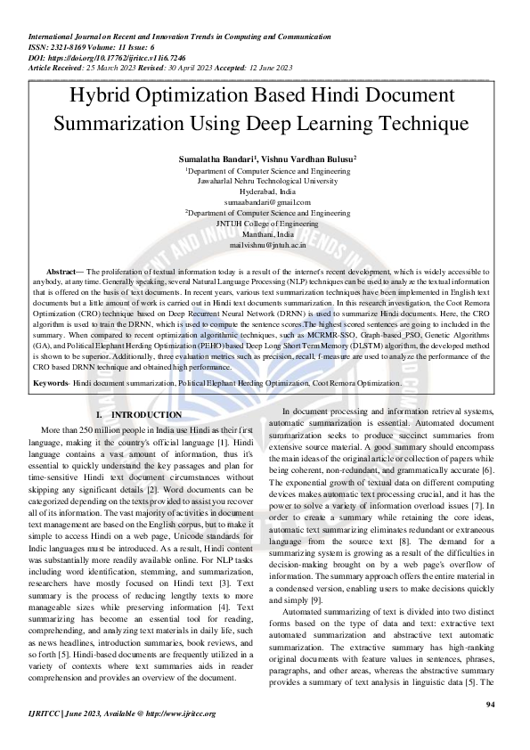 (PDF) Hybrid Optimization Based Hindi Document Summarization Using Deep Learning Technique