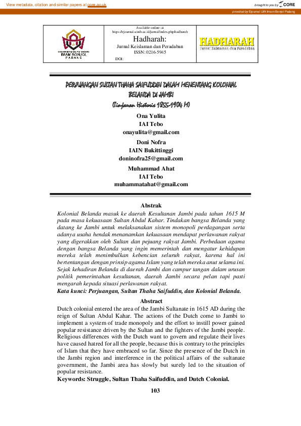 (PDF) PERJUANGAN SULTAN THAHA SAIFUDDIN DALAM MENENTANG KOLONIAL ...