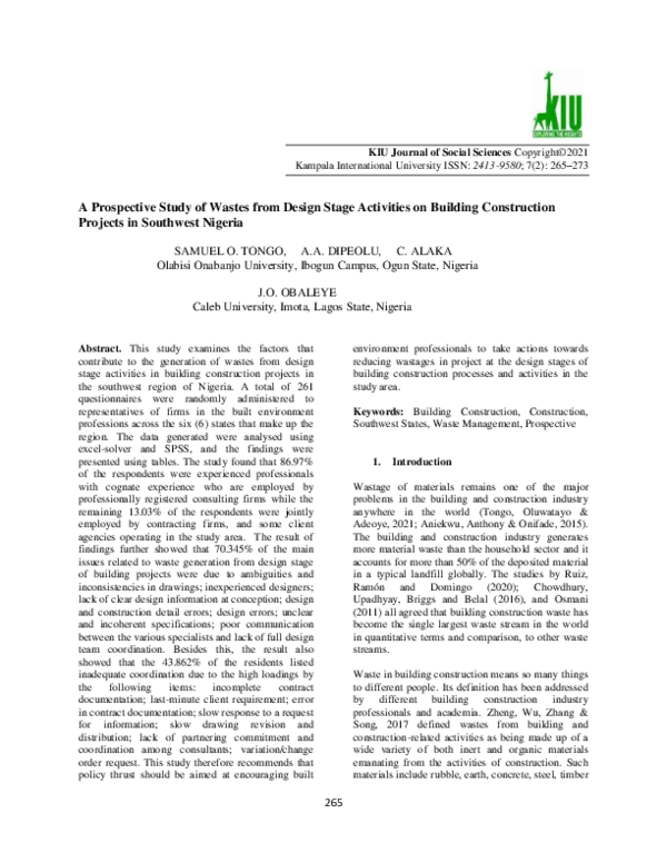 (PDF) A Prospective Study of Wastes from Design Stage Activities on ...