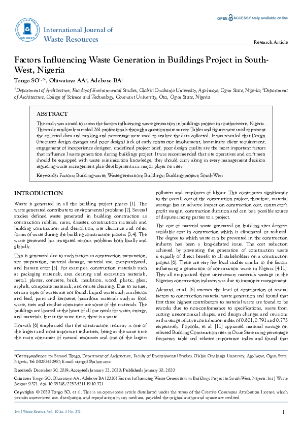 (PDF) Factors Influencing Waste Generation in Buildings Project in ...