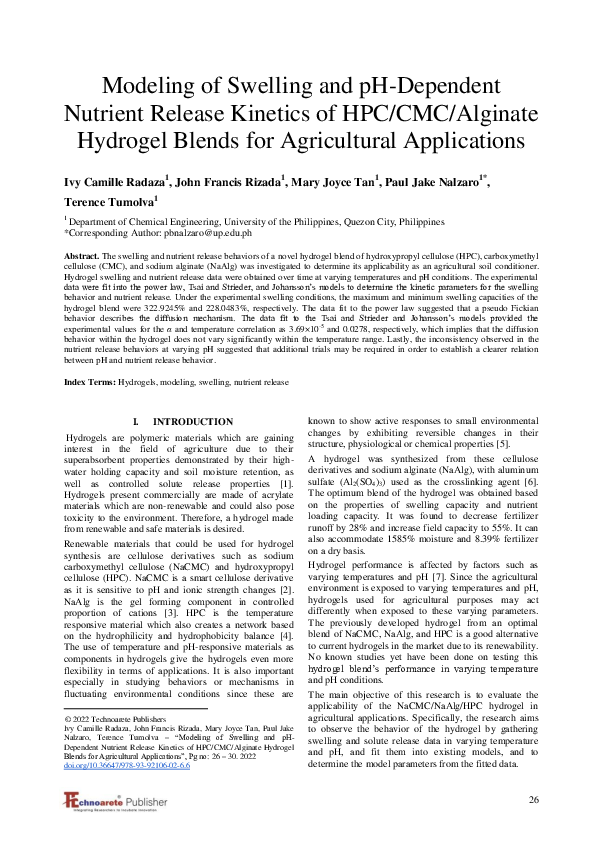 (PDF) Modeling of Swelling and pH-Dependent Nutrient Release Kinetics of HPC/CMC/Alginate ...