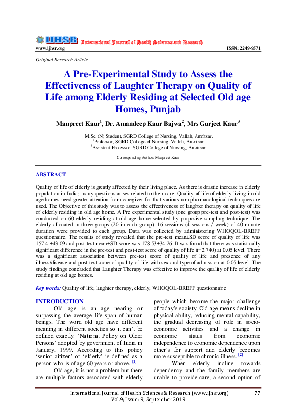 (PDF) A Pre-Experimental Study to Assess the Effectiveness of Laughter ...