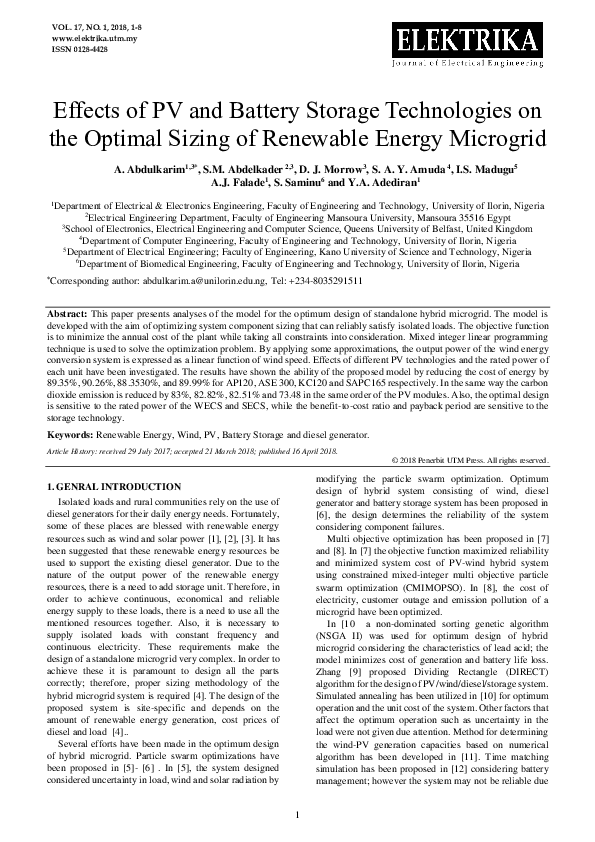 (PDF) Effects of PV and Battery Storage Technologies on the Optimal Sizing of Renewable Energy ...