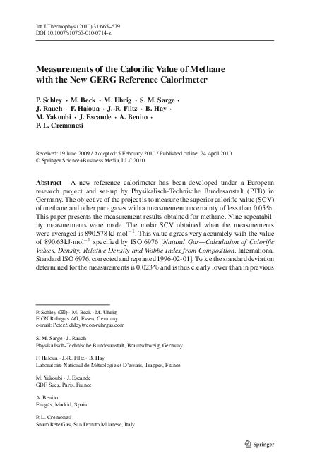 (PDF) Measurements of the Calorific Value of Methane with the New GERG ...