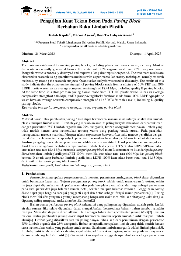 (PDF) Pengujian Kuat Tekan Beton Pada Paving Block Berbahan Baku Limbah Plastik