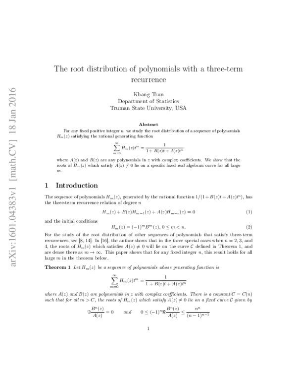 (PDF) The root distribution of polynomials with a three-term recurrence