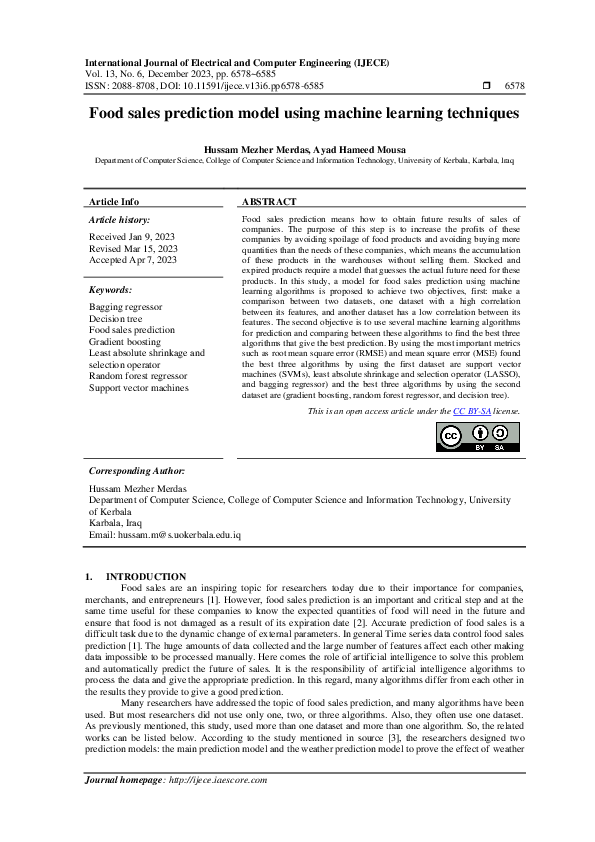 (PDF) Food sales prediction model using machine learning techniques