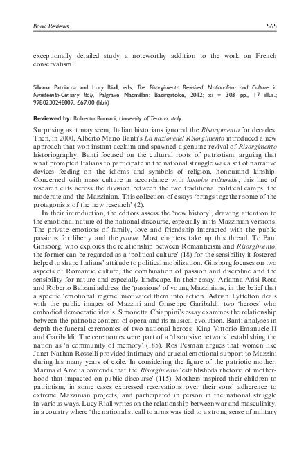 (PDF) Silvana Patriarca and Lucy Riall, eds, The Risorgimento Revisited ...