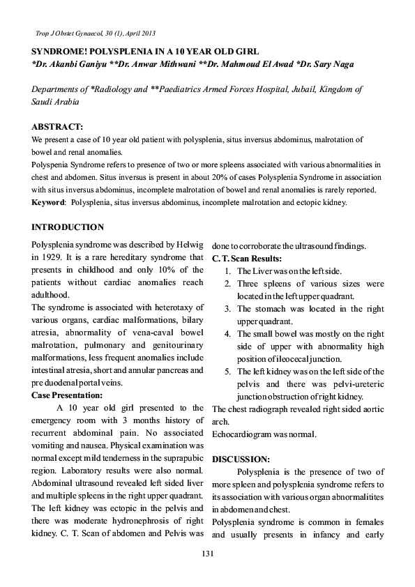 (PDF) Syndrome! Polysplenia ina 10 year old girl