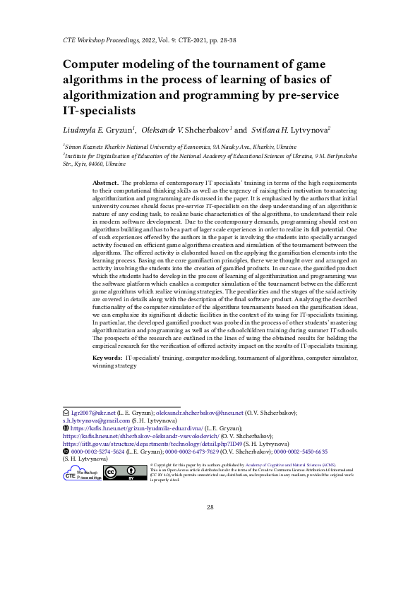 Pdf Computer Modeling Of The Tournament Of Game Algorithms In The Process Of Learning Of