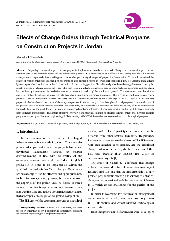 (PDF) Effects of Change Orders through Technical Programs on ...