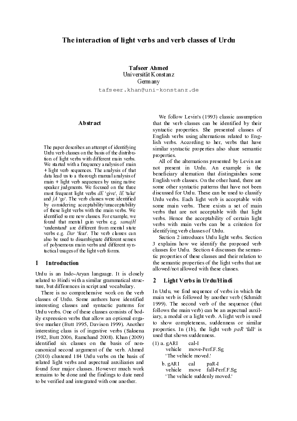 (PDF) The interaction of light verbs and verb classes of Urdu