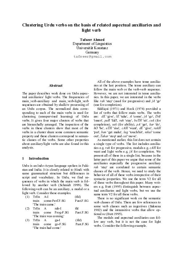 (PDF) Clustering Urdu Verbs on the Basis of Related Aspectual Auxiliaries and Light Verbs