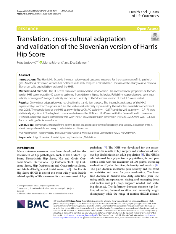 Pdf Translation Cross Cultural Adaptation And Validation Of The Slovenian Version Of Harris