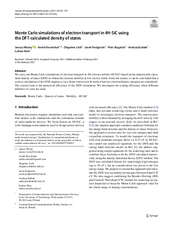 (PDF) Monte Carlo simulations of electron transport in 4H-SiC using the ...