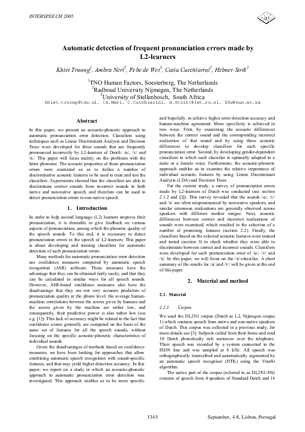 (PDF) Automatic detection of frequent pronunciation errors made by L2-learners
