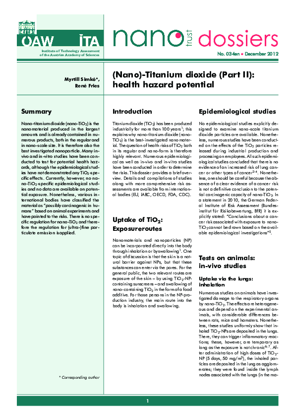 (PDF) (Nano)-Titanium dioxide (Part II): health hazard potential (NanoTrust Dossier No. 034en ...