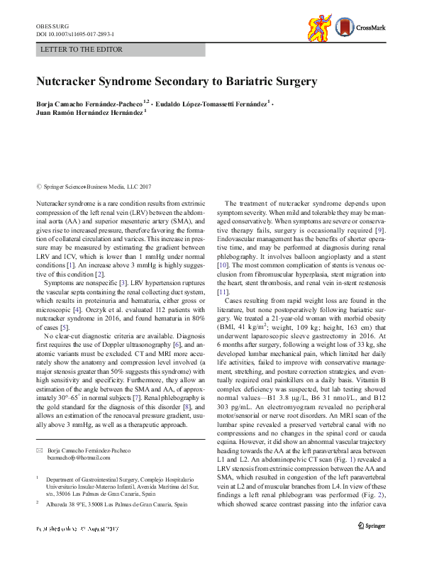 (PDF) Nutcracker Syndrome Secondary to Bariatric Surgery