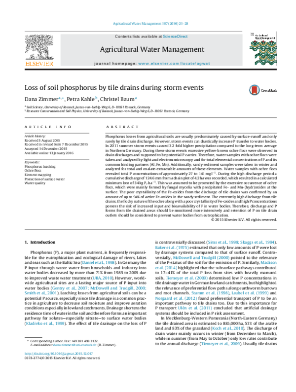 (PDF) Loss of soil phosphorus by tile drains during storm events