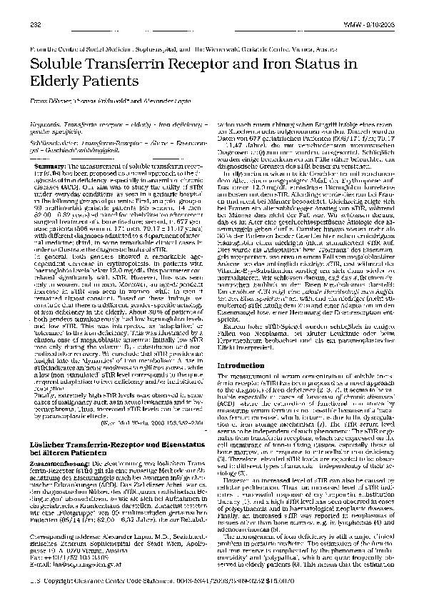 (PDF) Soluble Transferrin Receptor and Iron Status in Elderly Patients