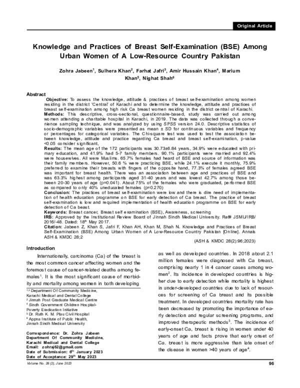 (PDF) Knowledge and Practice of Breast Self-Examination (BSE) Among ...