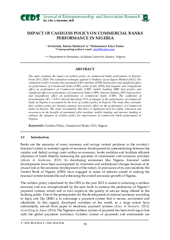(PDF) IMPACT OF CASHLESS POLICY ON COMMERCIAL BANKS PERFORMANCE IN NIGERIA