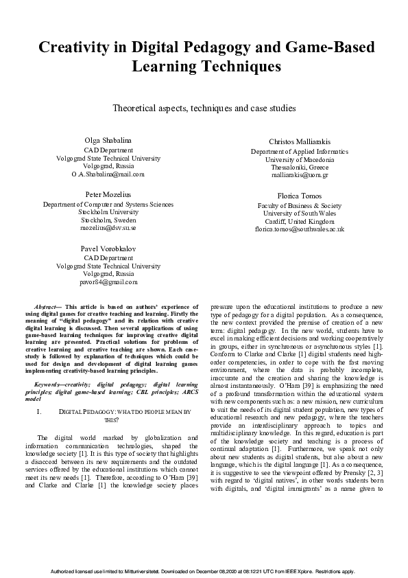 (PDF) Creativity in Digital Pedagogy and Game-Based Learning Techniques