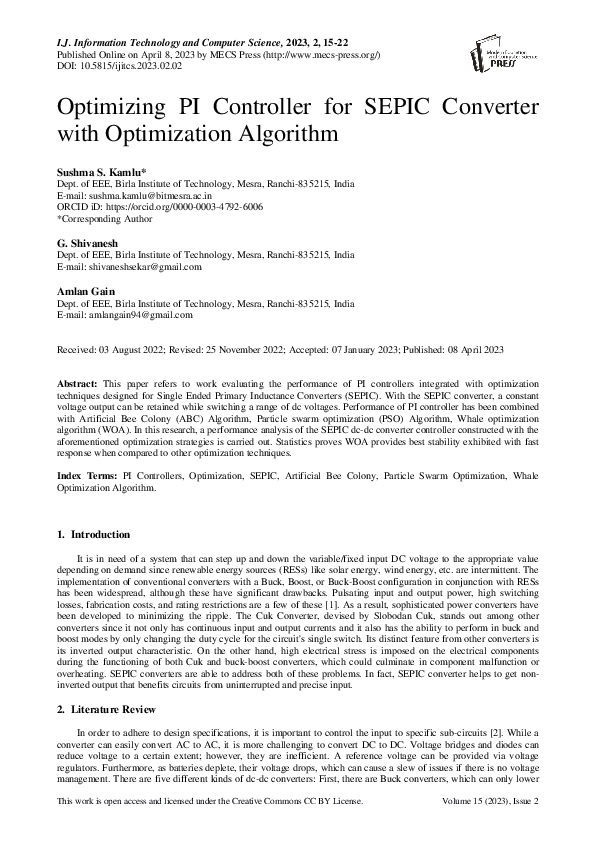 Pdf Optimizing Pi Controller For Sepic Converter With Optimization Algorithm