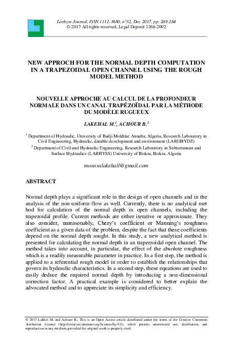 (PDF) New Approch for the Normal Depth Computation in a Trapezoidal Open Channel Using the Rough ...