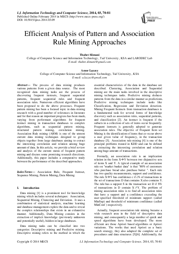 (PDF) Efficient Analysis of Pattern and Association Rule Mining Approaches