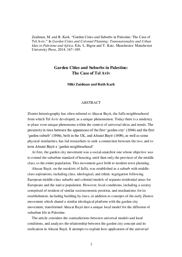 (PDF) Garden cities and suburbs in Palestine : The Case of Tel Aviv