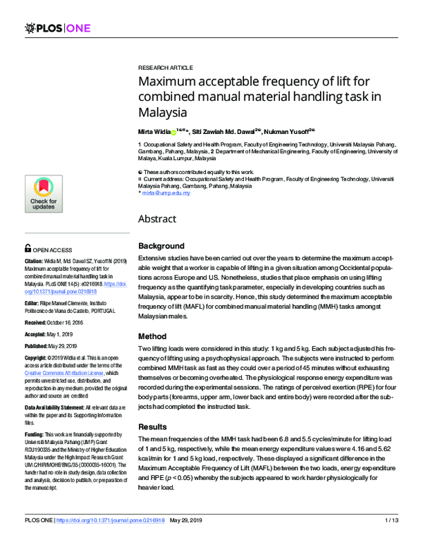 (PDF) Maximum acceptable frequency of lift for combined manual material handling task in Malaysia