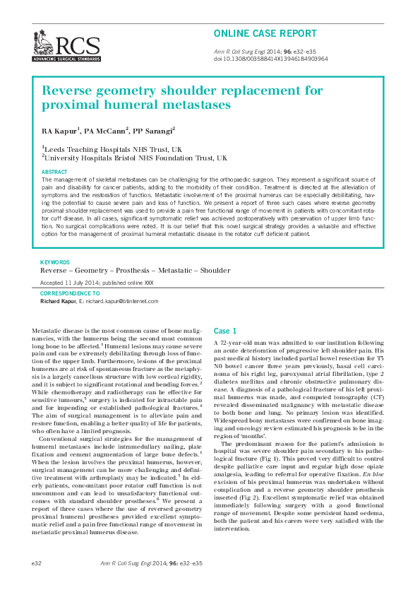(PDF) Reverse geometry shoulder replacement for proximal humeral metastases