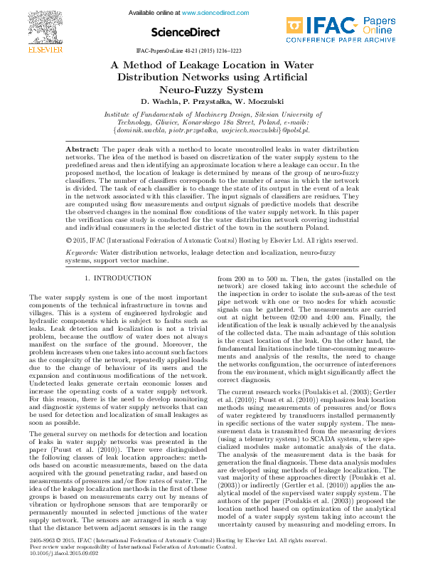 (PDF) A Method of Leakage Location in Water Distribution Networks using Artificial Neuro-Fuzzy ...